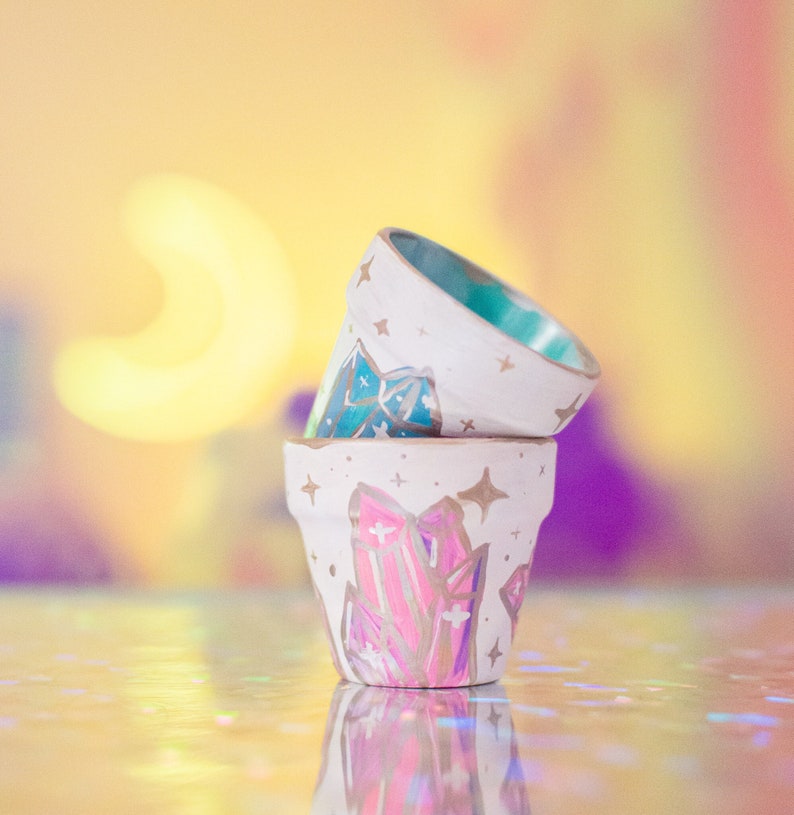 Mini Hand-painted Terracotta Crystal Pots Set of Two pink & - Etsy