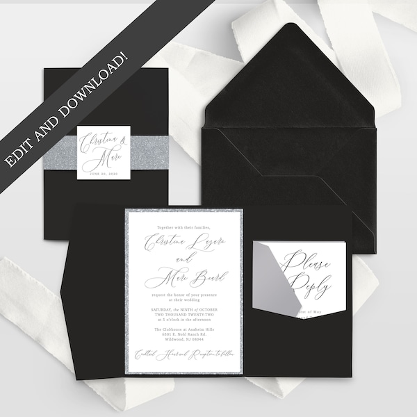 Black Silver Wedding Invitation - Etsy