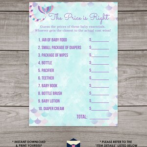 Mermaid Baby Shower Game Package - Bingo - Price is Right - Whats in ...