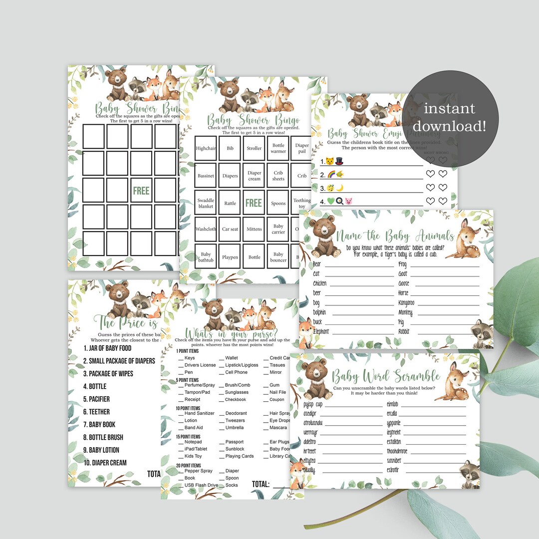 Woodland Animals Baby Shower Game Package - Forest Animals - Instant ...
