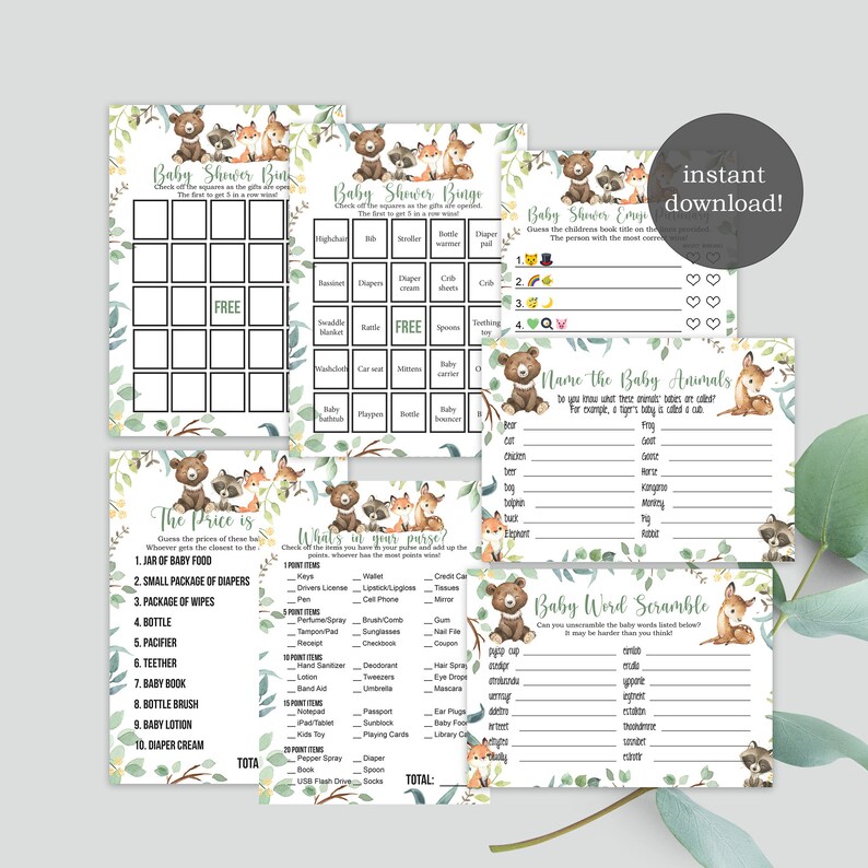Woodland Animals Baby Shower Game Package Forest Animals - Etsy