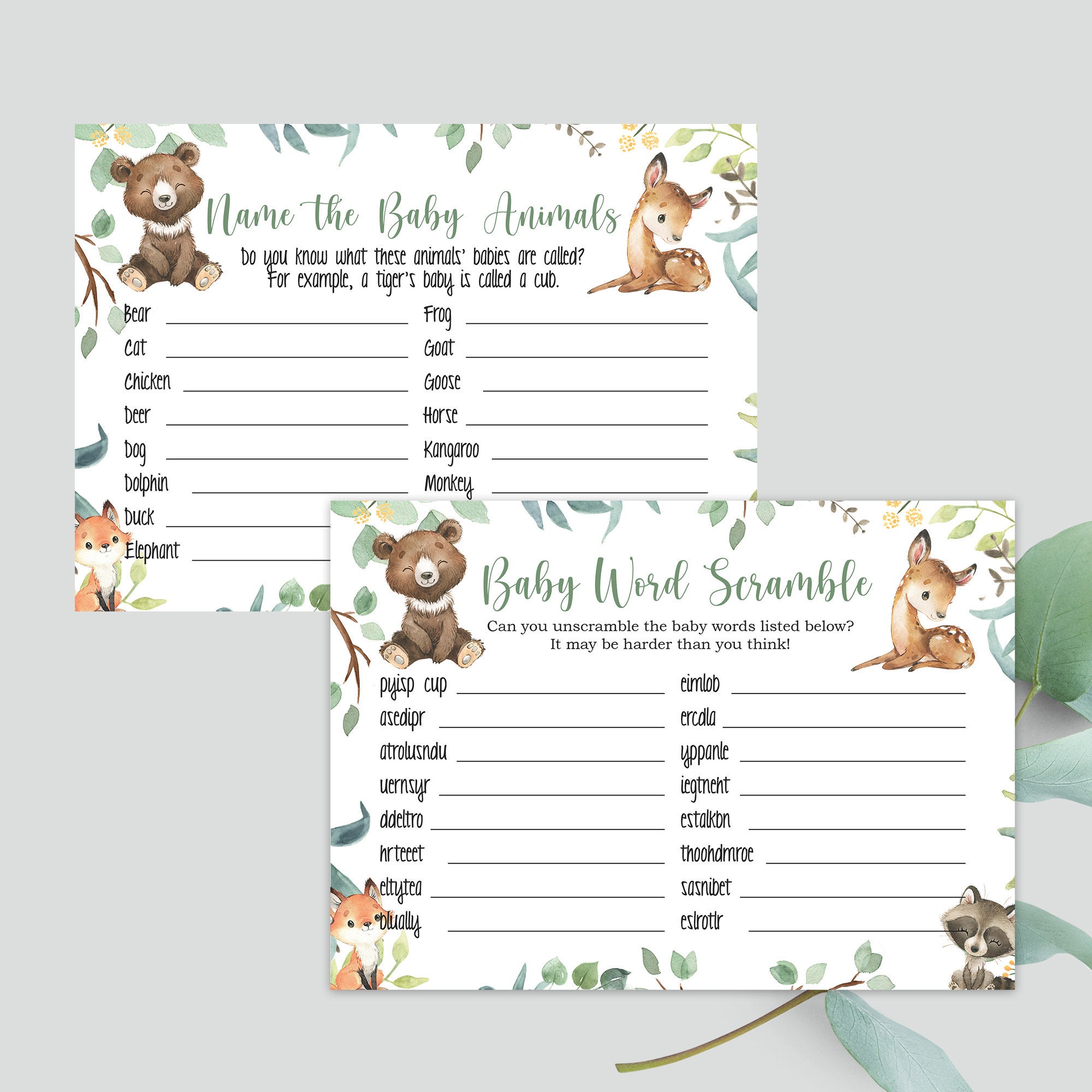 Woodland Animals Baby Shower Game Package Forest Animals | Etsy