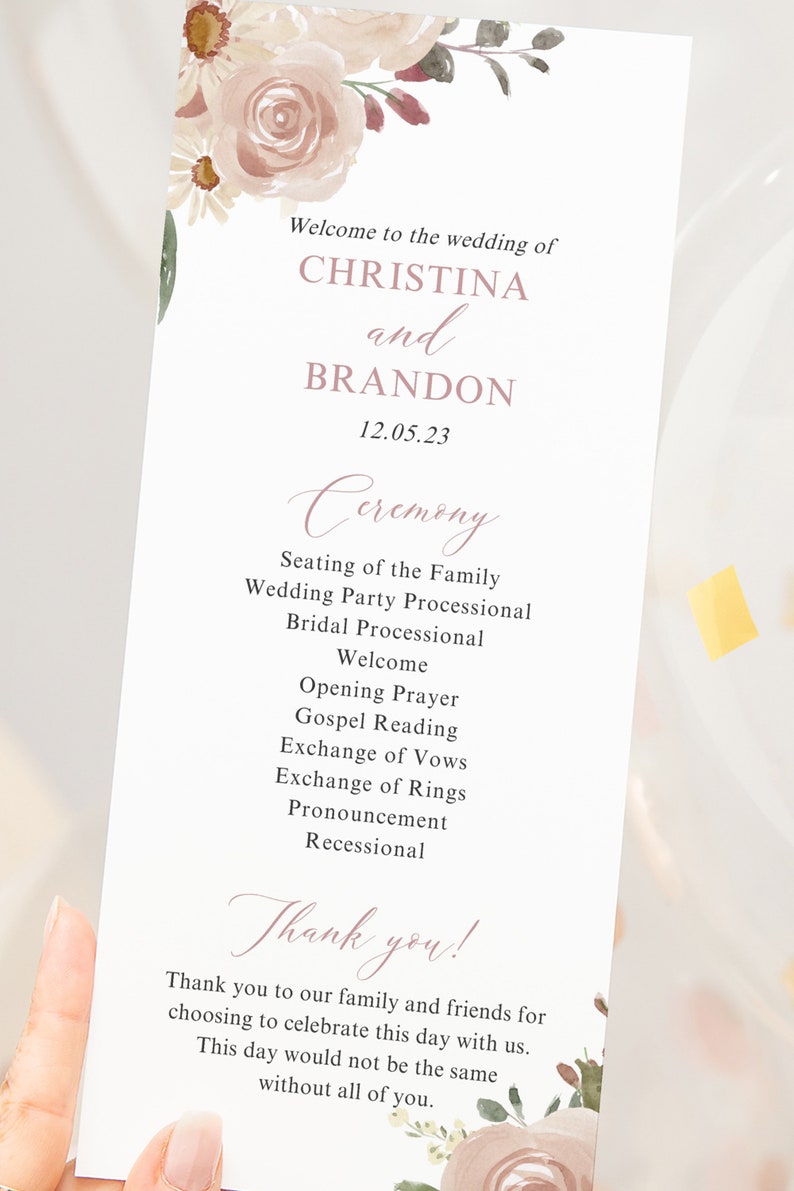 Dusty Pink Wedding Program Template Rose Floral Wedding - Etsy