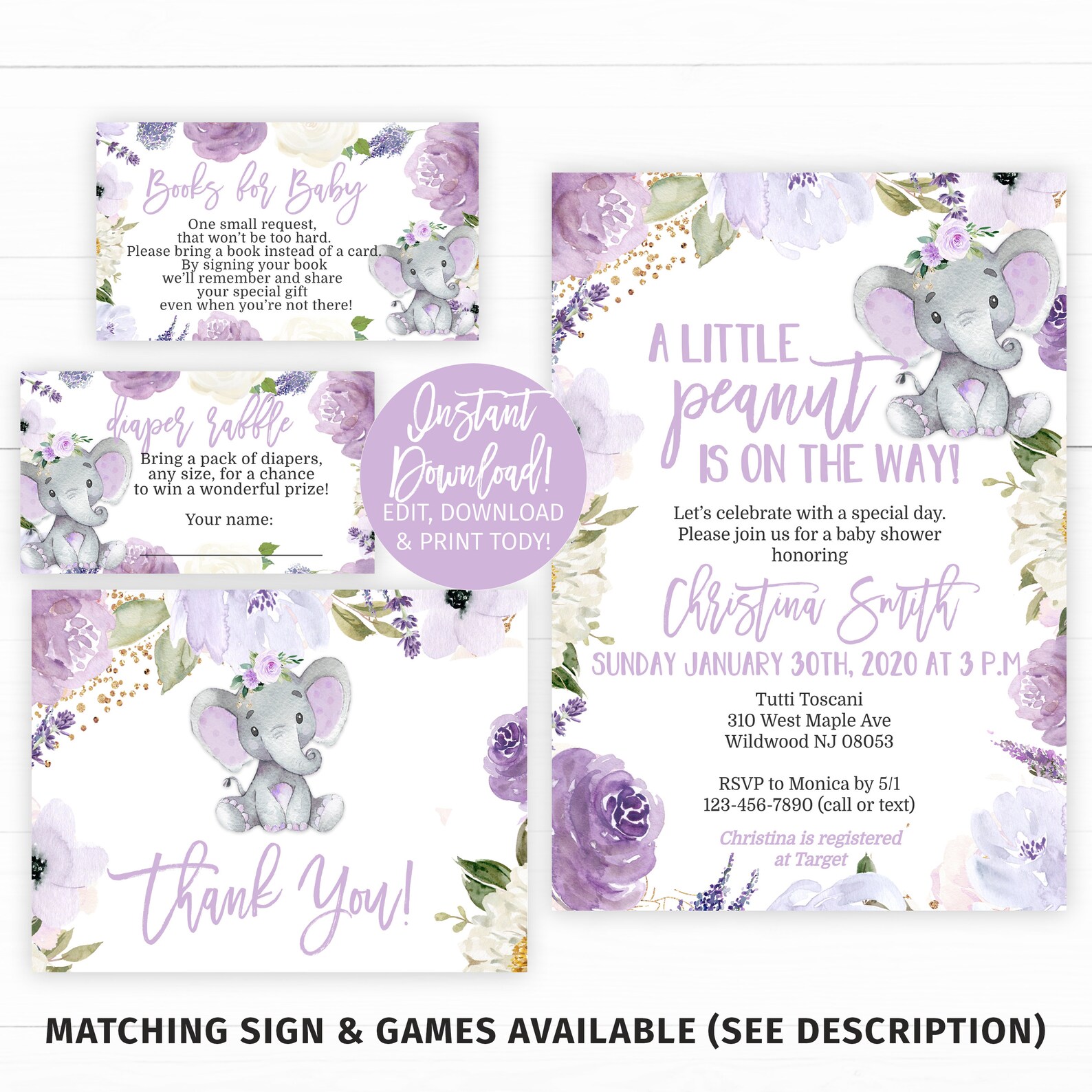 Purple Elephant Baby Shower Invitation Package for a Girl - Etsy