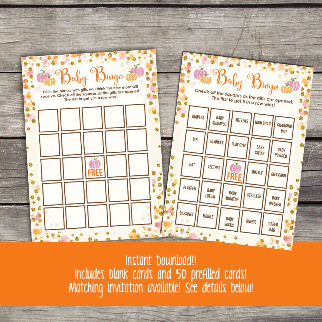 Pumpkin Baby Shower Bingo Game - Pink and Orange - Fall Baby Shower ...