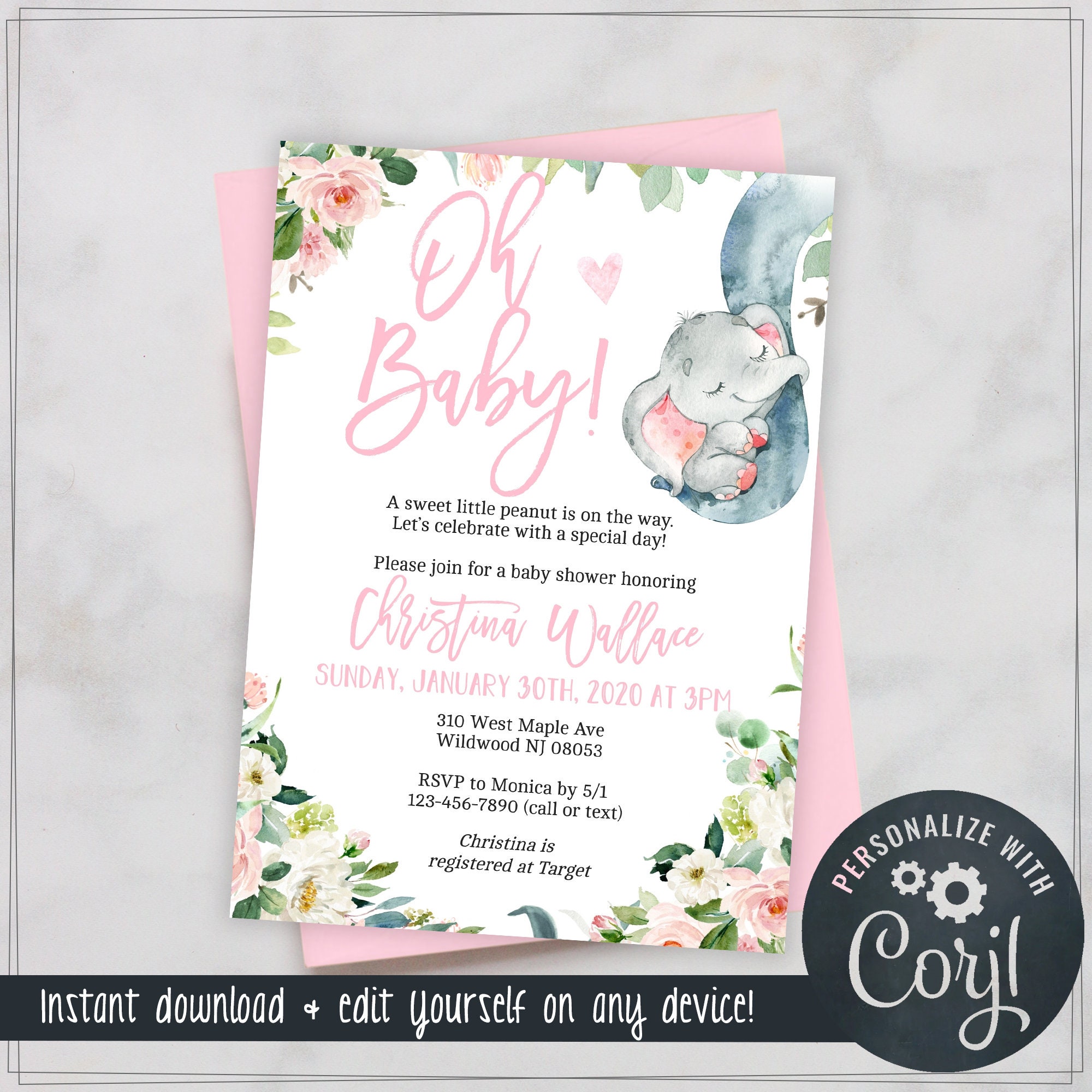 Elephant Baby Shower Invitations for a Girl Pink and Gold | Etsy