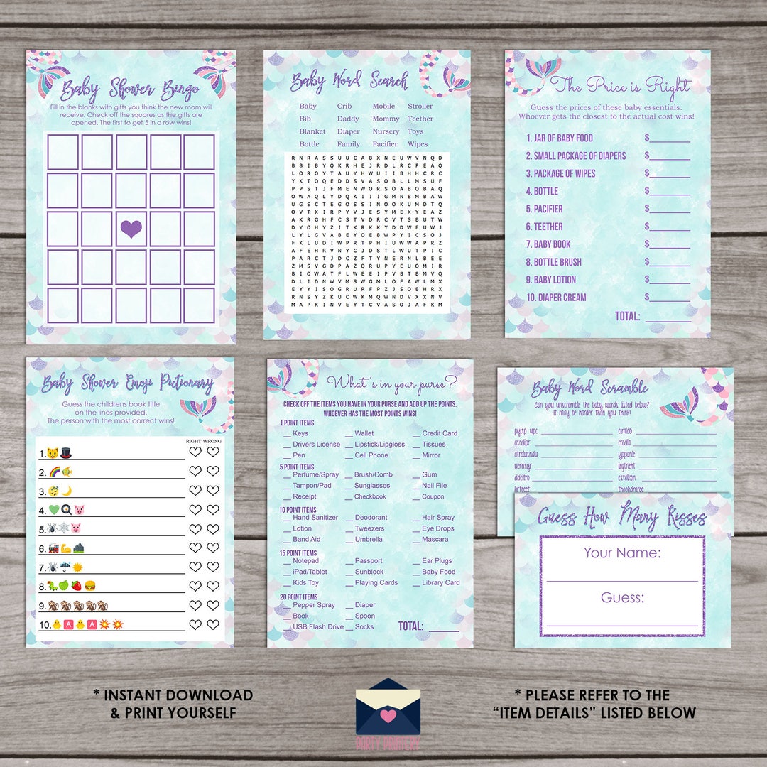 Mermaid Baby Shower Game Package - Bingo - Price is Right - Whats in ...