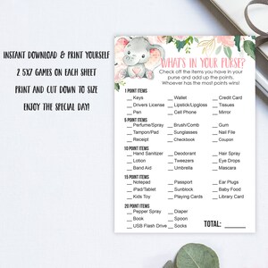 Pink Elephant Whats in Your Purse Baby Shower Game - Instant Download ...