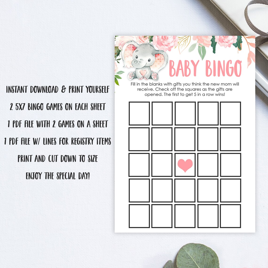 Elephant Girl Baby Shower Bingo Game Instant Download and | Etsy