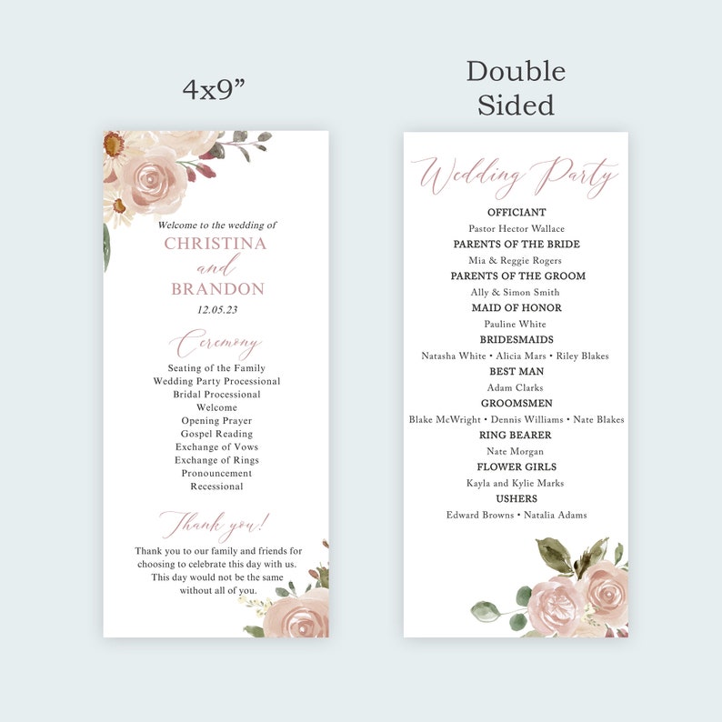 Dusty Pink Wedding Program Template Rose Floral Wedding - Etsy