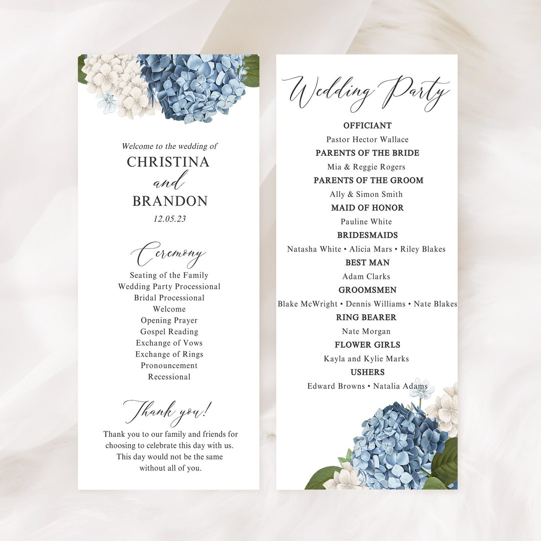 Hydrangea Wedding Program Template - Blue Floral Wedding Program ...