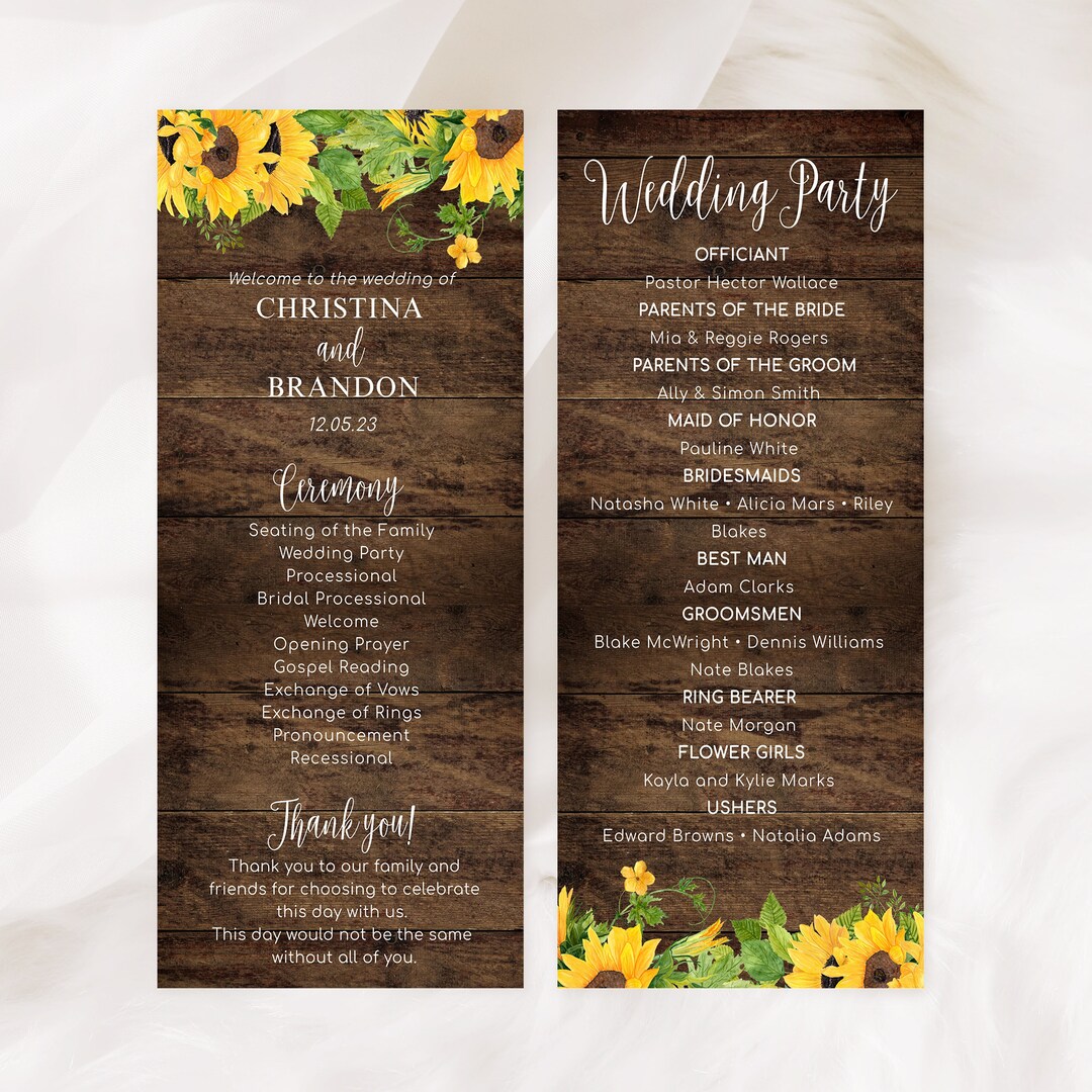 Rustic Sunflower Wedding Program Template Country Wedding Program ...