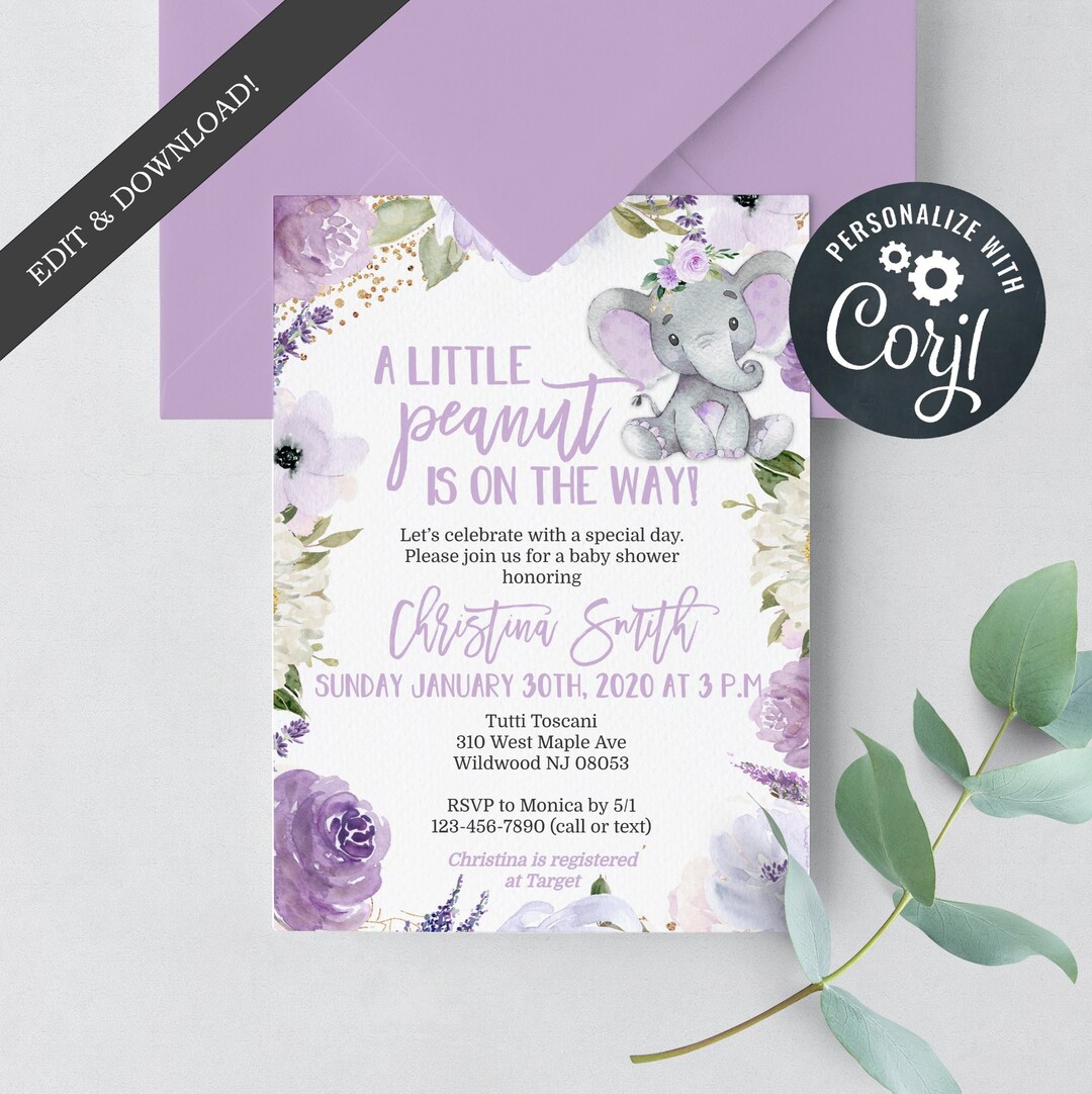 Purple Elephant Baby Shower Invitations for Girls - Little Peanut ...