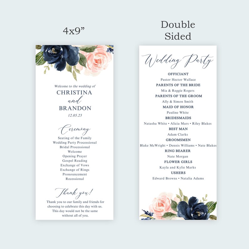 Navy and Blush Wedding Program Template Floral Wedding - Etsy