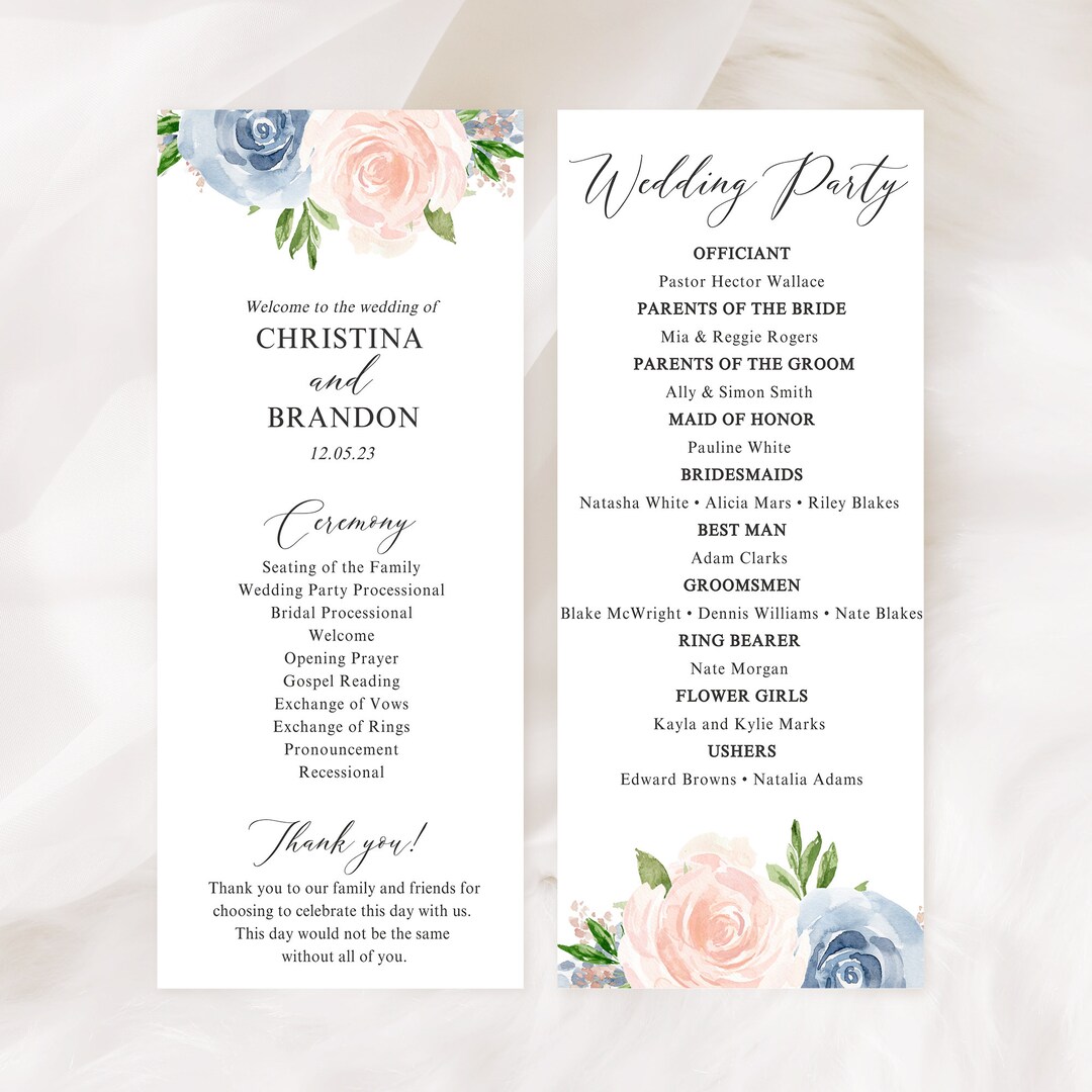 Dusty Blue and Blush Wedding Program Template - Pink Floral Wedding ...