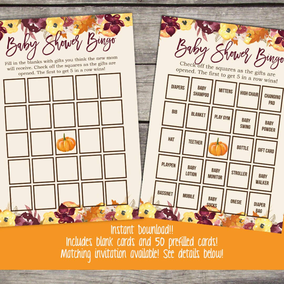 Pumpkin Baby Shower Bingo Game Fall Floral Baby Shower Bingo Baby ...
