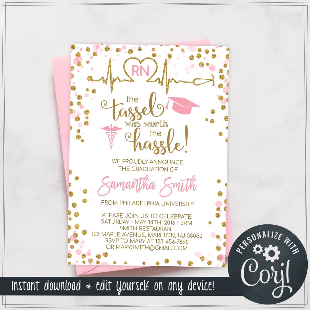 Nursing School Graduation Invitation Template Pink and Gold - Etsy