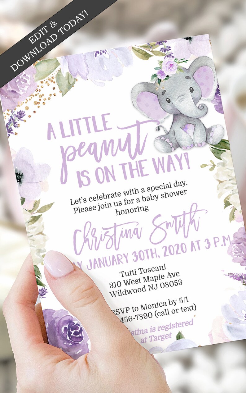 Purple Elephant Baby Shower Invitation Package for a Girl - Etsy