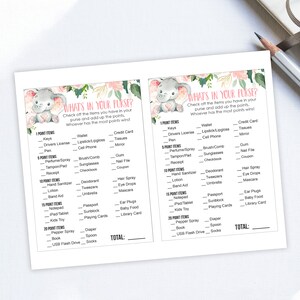 Pink Elephant Whats in Your Purse Baby Shower Game - Instant Download ...
