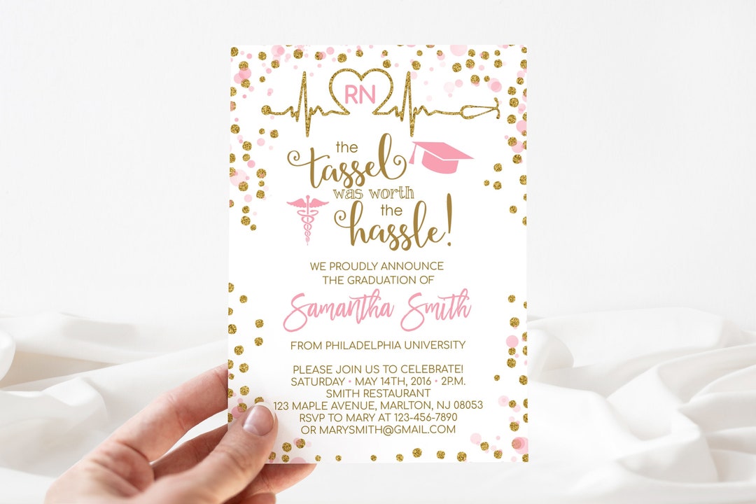 Nursing School Graduation Invitation Template - Pink and Gold - Edit ...