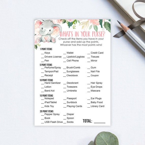 Pink Elephant Whats in Your Purse Baby Shower Game Instant | Etsy