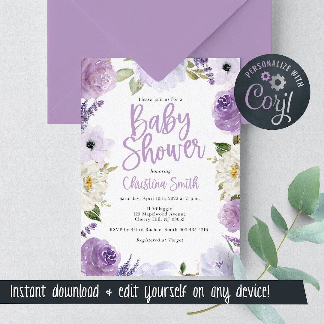 Lavender Purple Baby Shower Invitations - Watercolor Florals - Edit ...