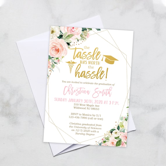Nursing School Graduation Invitations Pink and Gold | Etsy