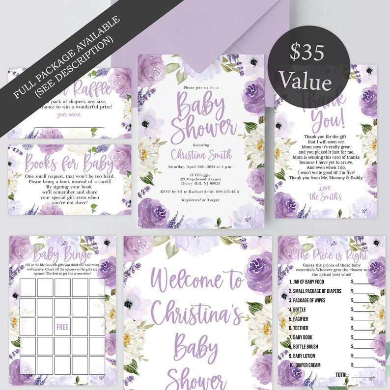 Lavender Purple Baby Shower Game Package Flowers Instant | Etsy