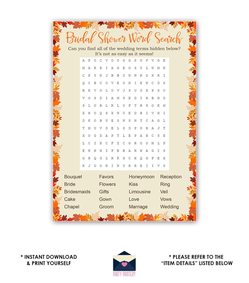 Fall Bridal Shower Word Search Fall Bridal Shower Game - Etsy