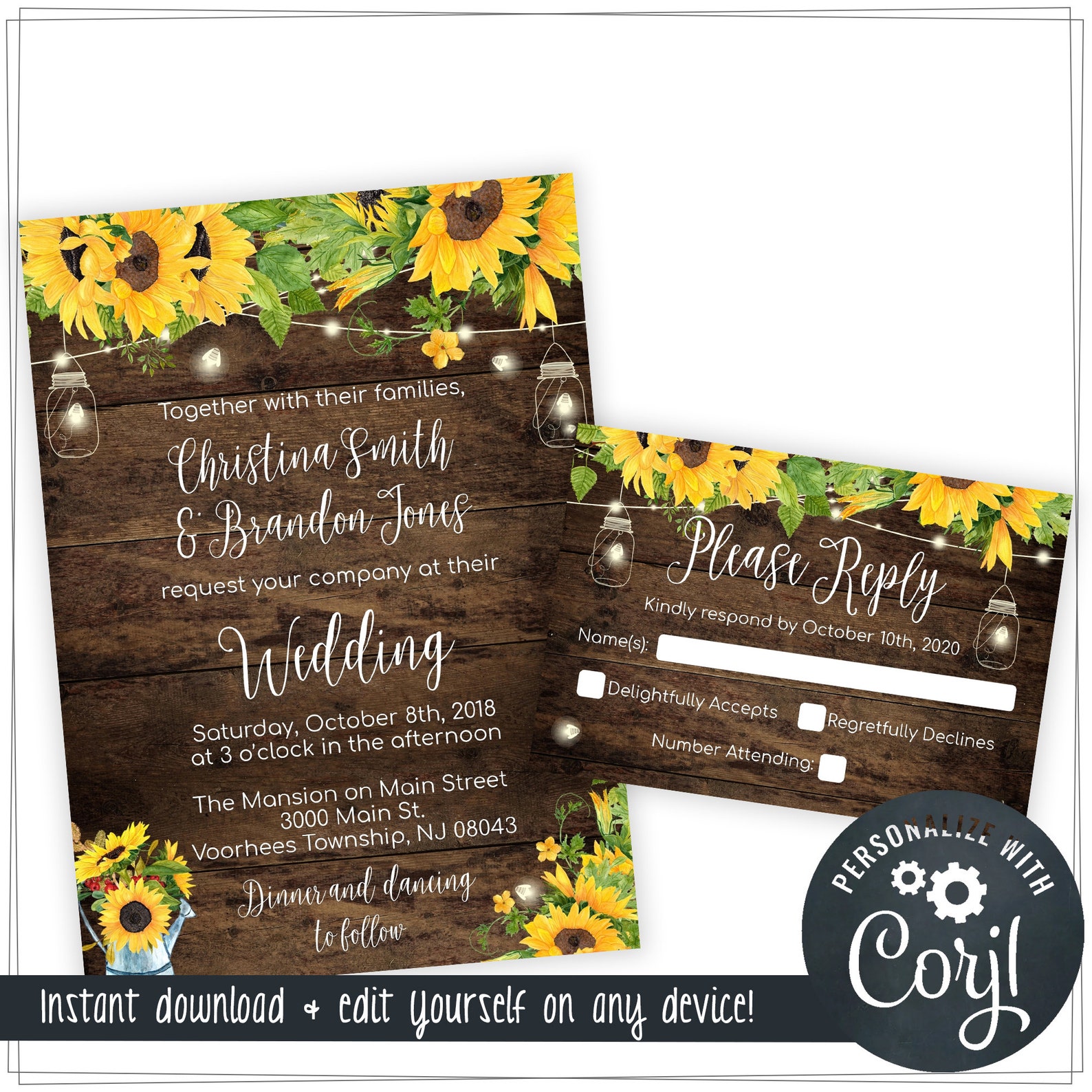 Rustic Sunflower Wedding Invitations Instant Download Template - Etsy