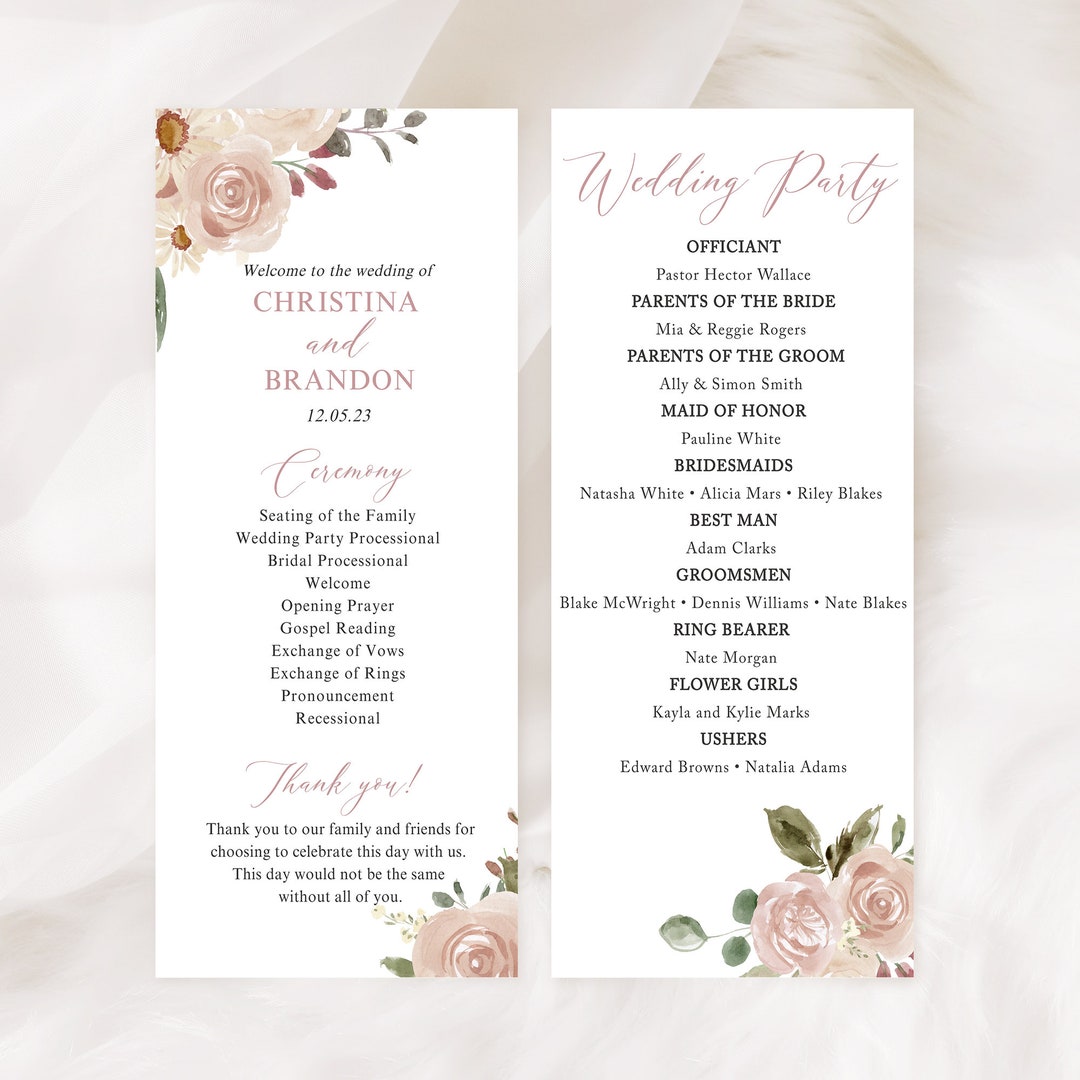 Dusty Pink Wedding Program Template - Rose Floral Wedding Program ...