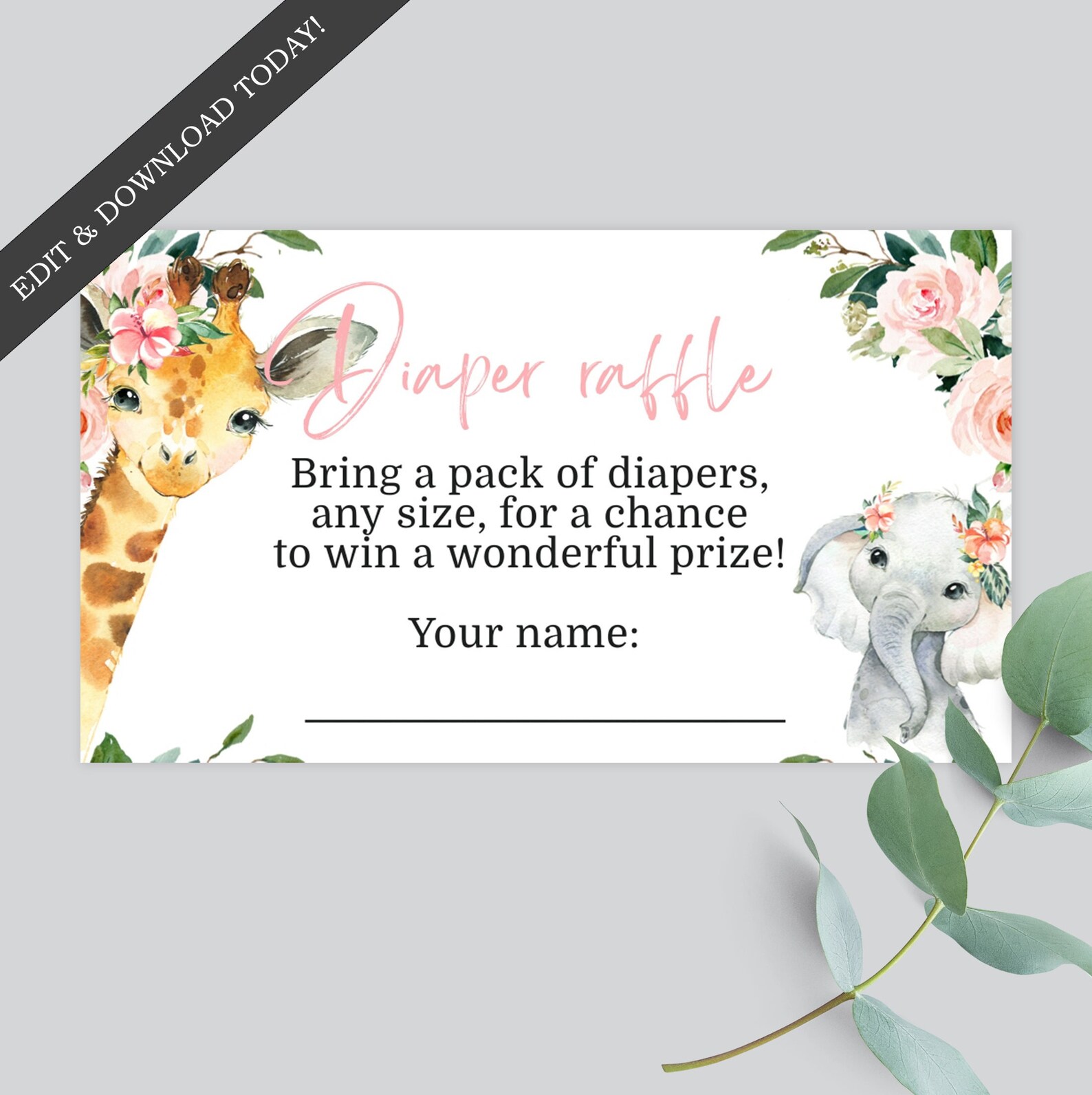 Safari Animals Diaper Raffle Cards for a Girl - 3.5x2 Card - Edit ...