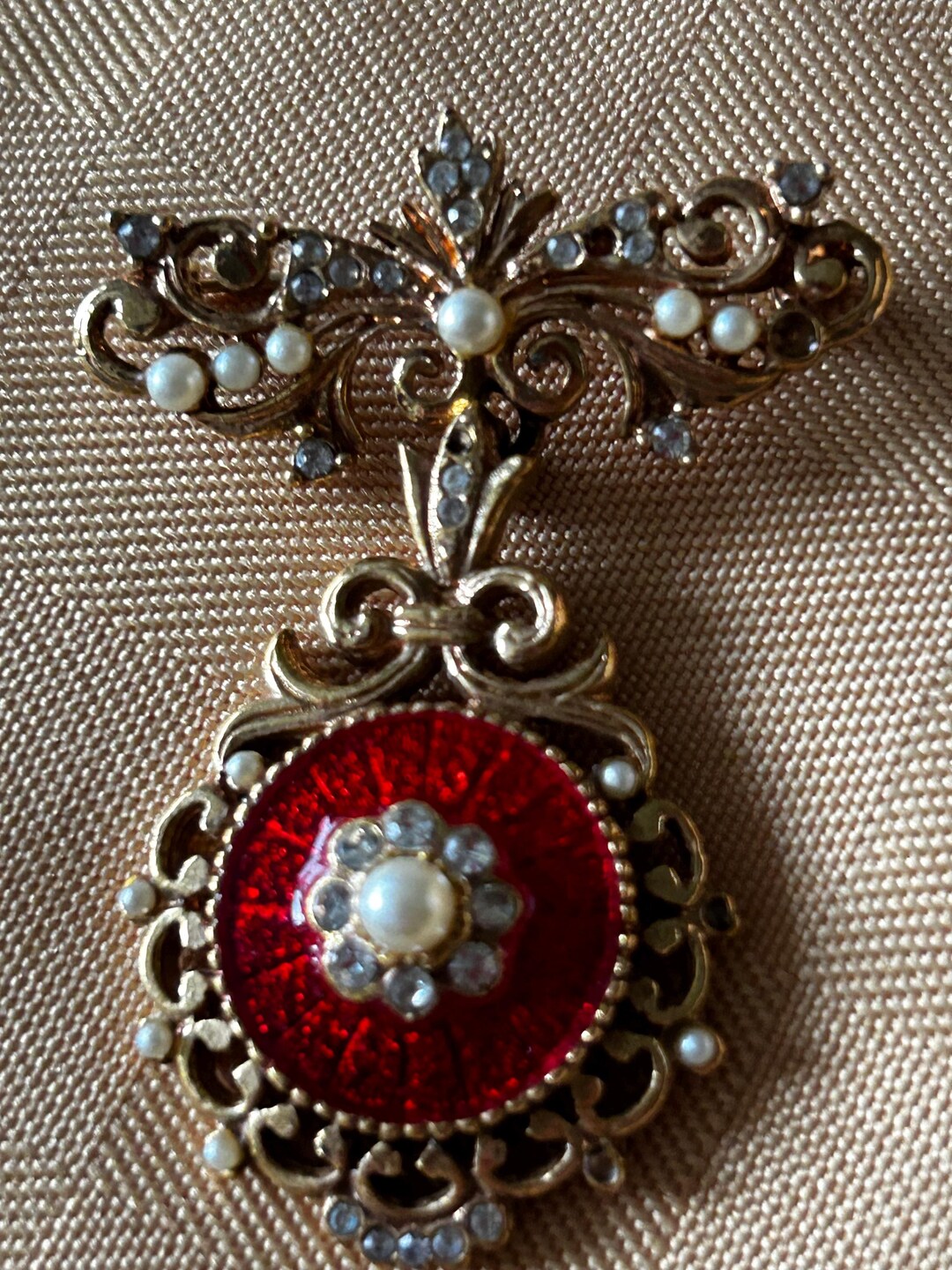Vintage Coro Brooch: Red Enamel, Pearl & Rhinestone Medallion - Etsy