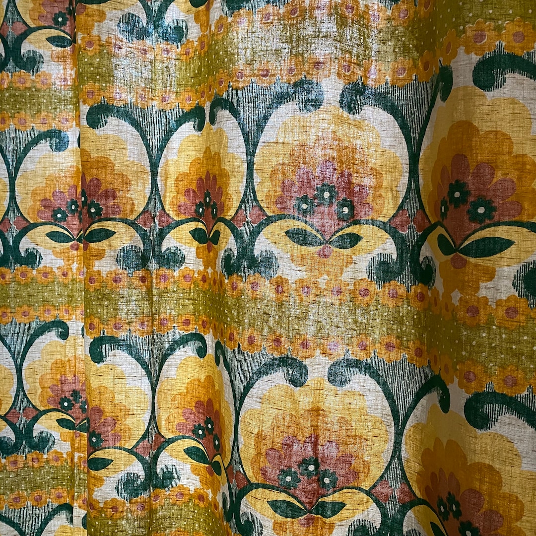 70s Vintage Cotton Linen Curtain Yellow Green Floral Window Curtain ...