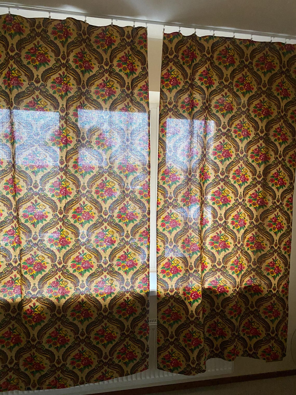 70s Vintage Curtains Cotton Barkcloth Floral Curtain Pair Set Window ...