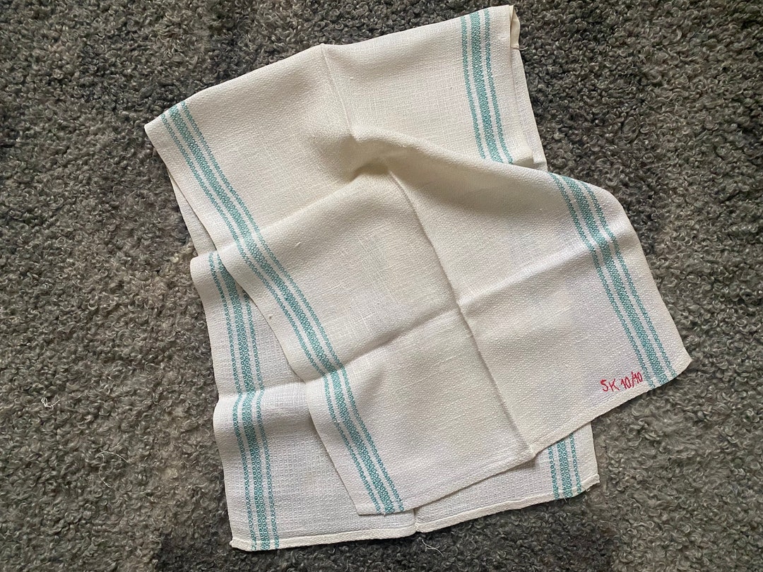 Vintage 60s Linen Towel Kitchen Towel Dish Cloth Handmade Linens Green ...
