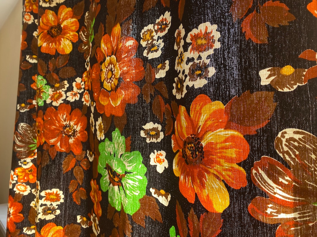 Scandinavian Vintage Linen Curtain Panel Retro 70s Floral Brown Orange ...