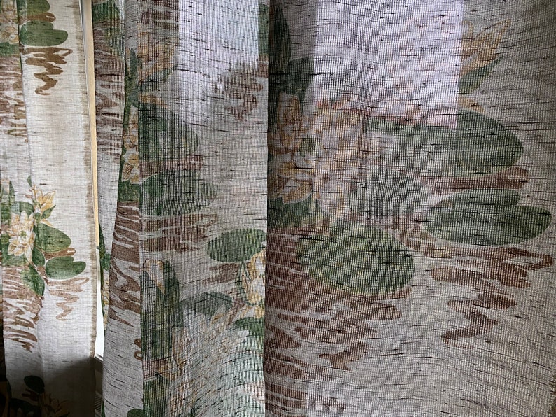 Pair Scandinavian Vintage Linen Curtains Green Floral Curtain Panel Set ...