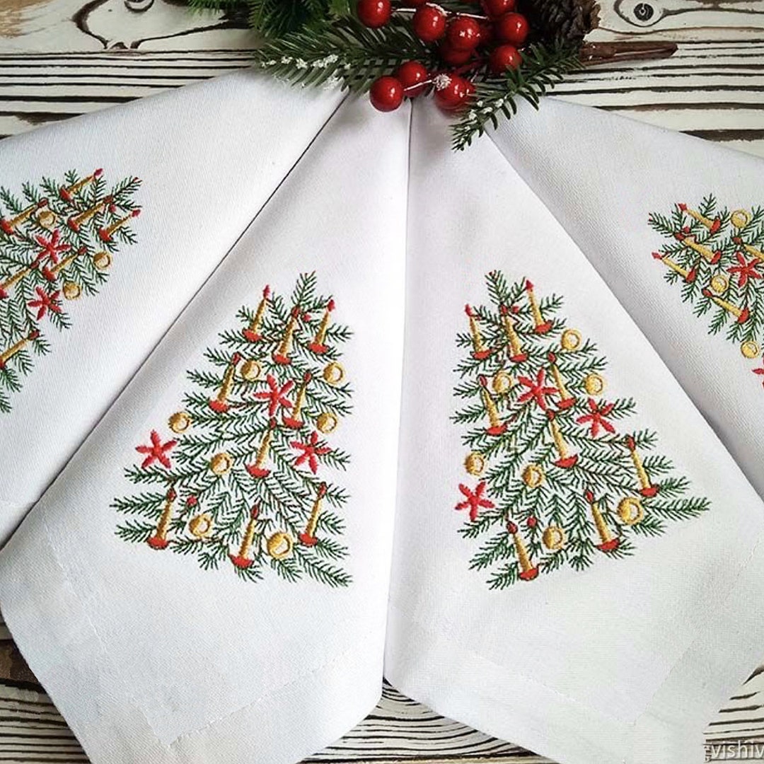 Set of 6 Christmas Embroidered Napkins, Premium Linen Dinner Napkins ...