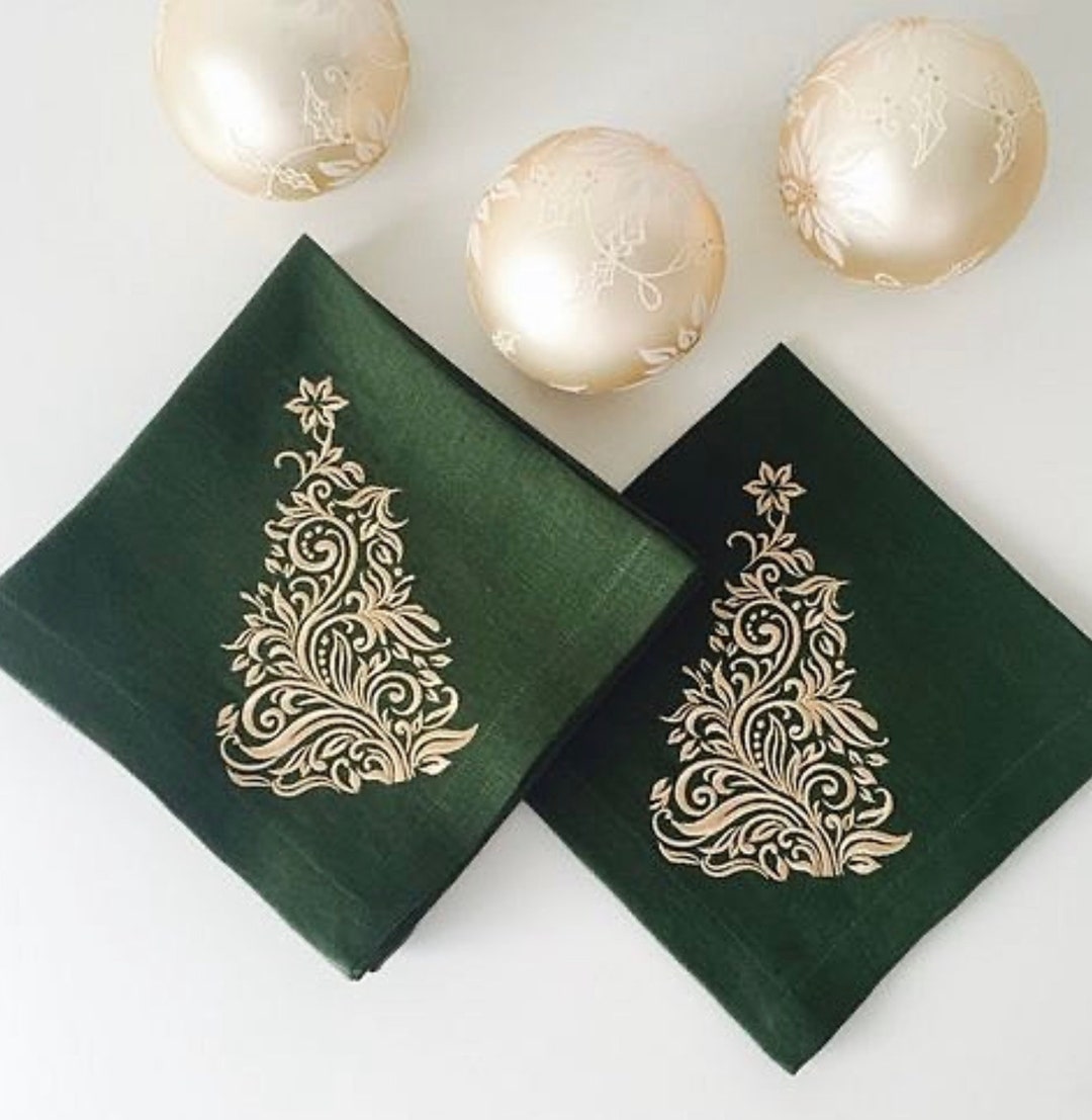 Set of 6 Christmas Embroidered Red Napkins, Premium Linen Dinner ...