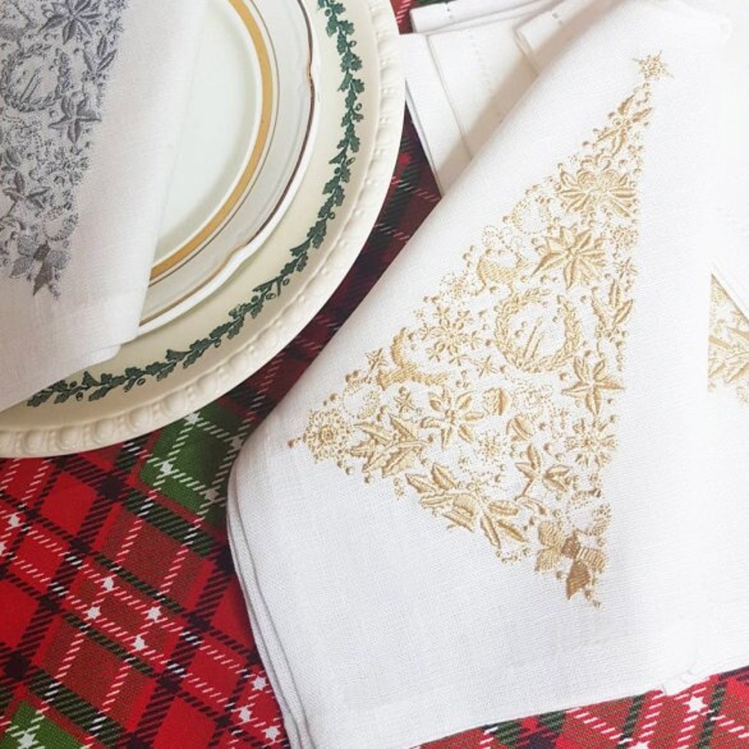 Set of 6 White Christmas Embroidered Napkins, Linen Dinner Napkins ...