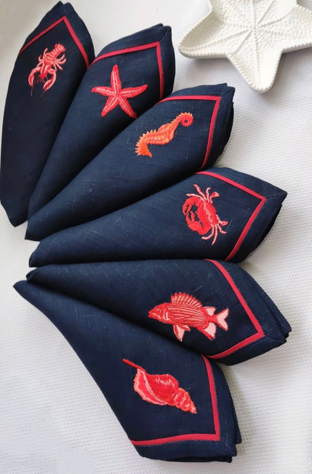 Set of 6 Embroidered Nautical Napkins, Yacht Decor Cloth Napkins, Navy ...