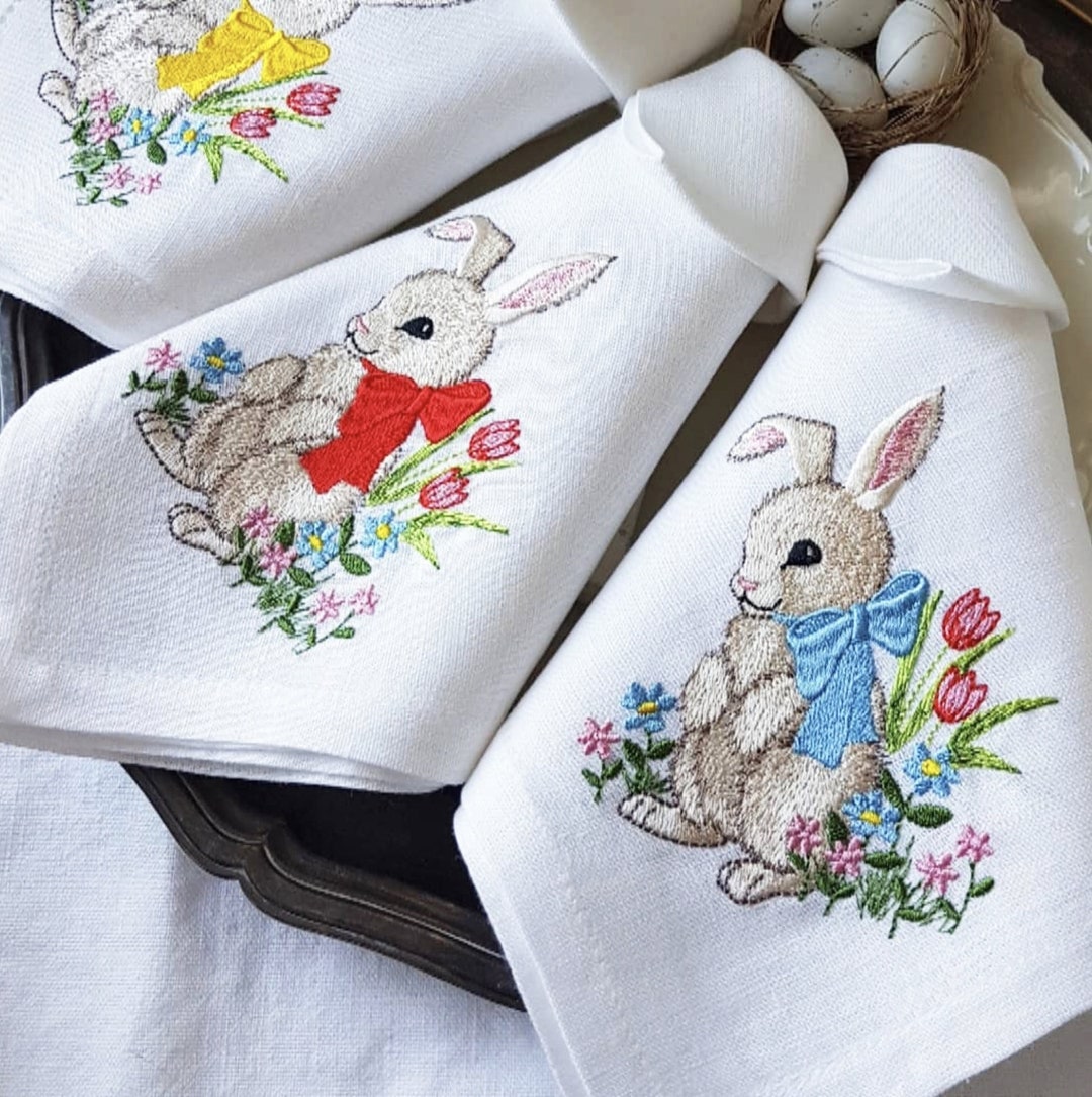Set of 6 Easter White Bunny Napkins, Embroidered Rabbit Napkins, Dinner ...