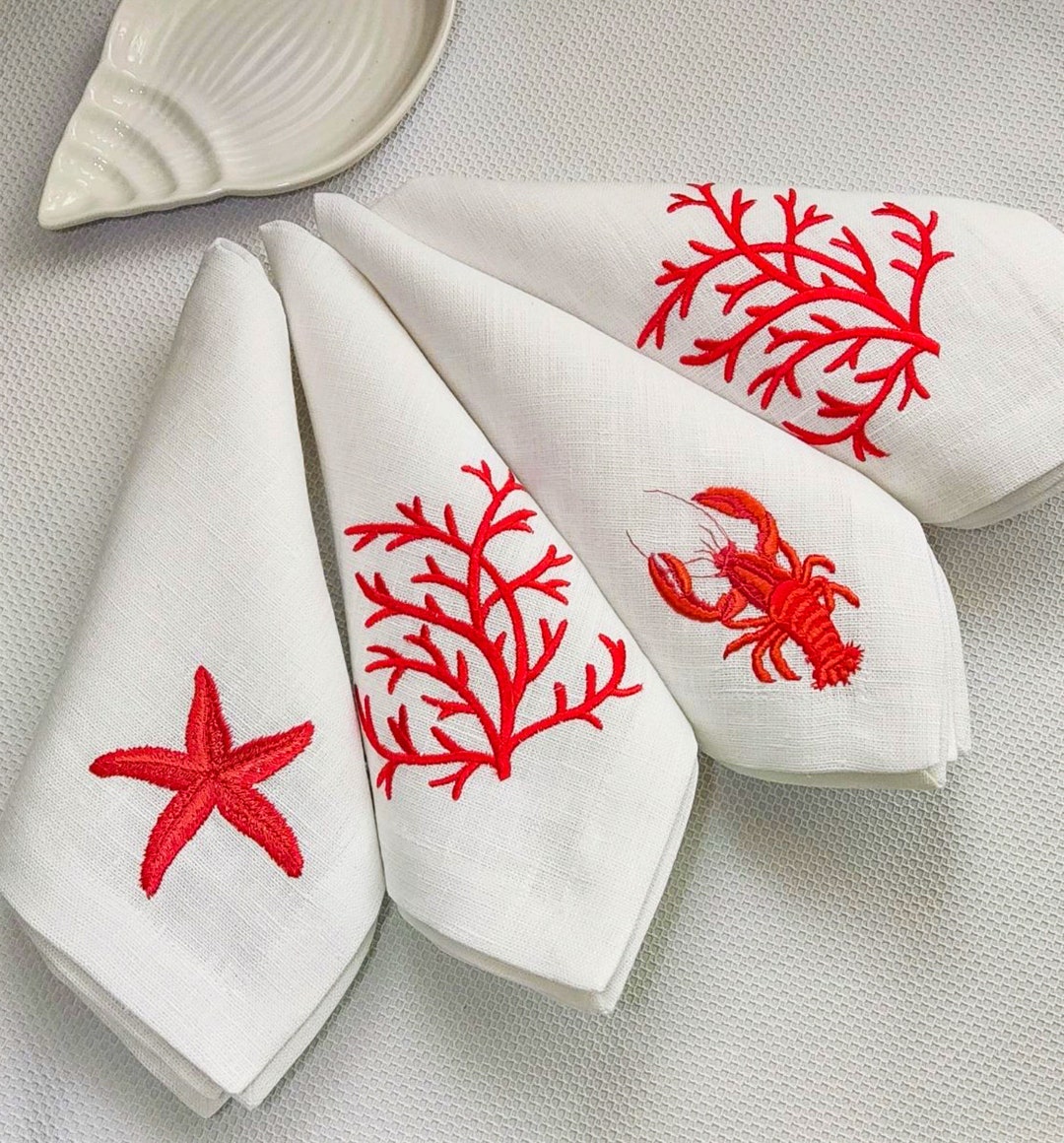 Set of 6 Embroidered Nautical Napkins, Yacht Decor Cloth Napkins, Coral ...