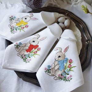Set of 6 Easter White Bunny Napkins, Embroidered Rabbit Napkins, Dinner ...