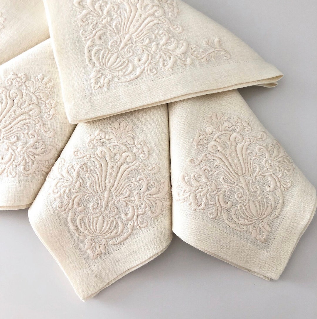 Set of 6 Ivory Linen Embroidered Napkins, Linen Dinner Napkins, Linen ...