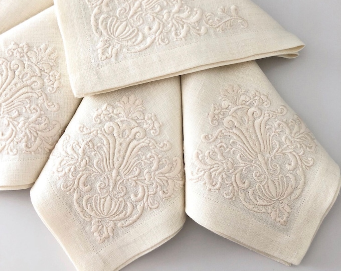 Set of 6 Ivory Linen Embroidered Napkins, Linen Dinner Napkins, Linen ...