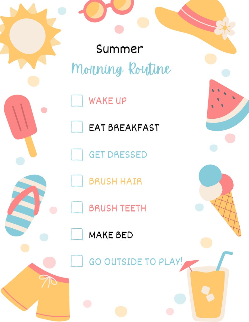 Cute Printable Kids Summer Morning Routine Check-list, Instant Download ...