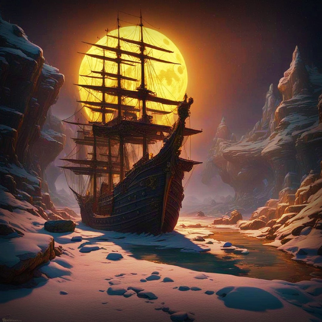 Digital Download Fantasy GALLEON Sailing Ship Stranded in Moonlit ...