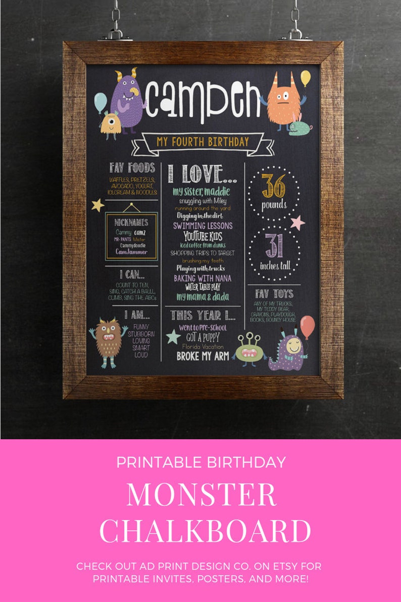 Monster Chalkboard Poster Monster Sign Birthday Sign - Etsy
